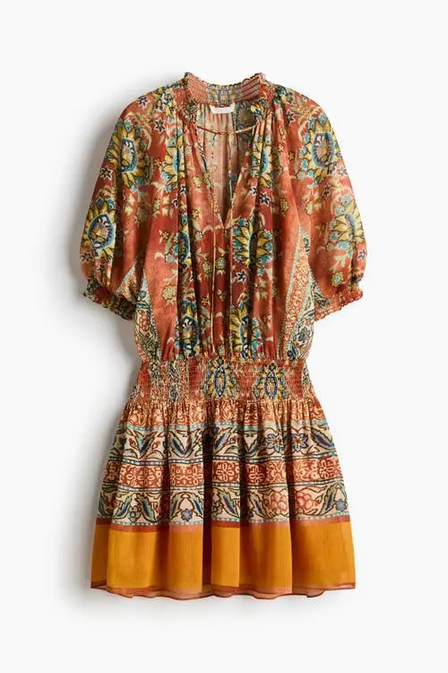 H&m Oversized Tunic Dress With Smocked Neckline And Cuffs - Burnt Orange/patterned