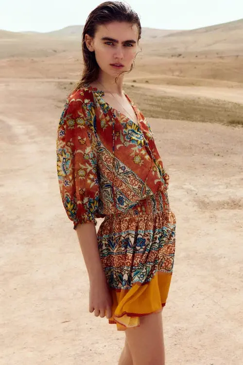H&m Oversized Tunic Dress With Smocked Neckline And Cuffs - Burnt Orange/patterned