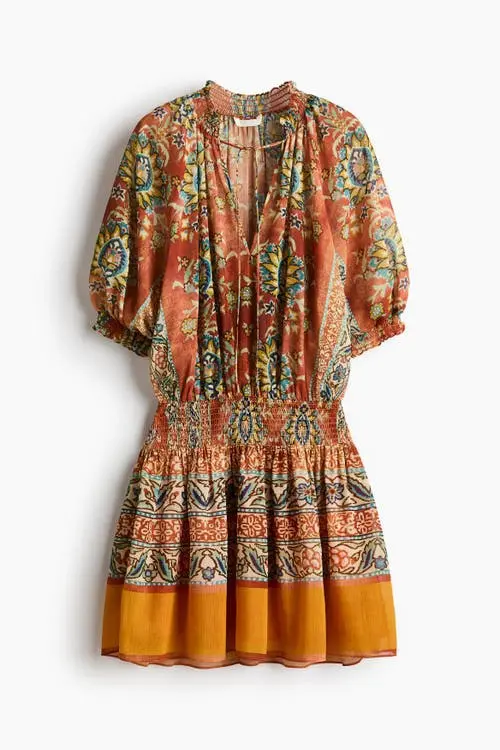 H&m Oversized Tunic Dress With Smocked Neckline And Cuffs - Burnt Orange/patterned