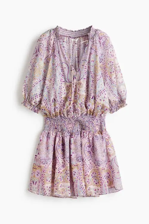 H&m Oversized Tunic Dress With Smocked Neckline And Cuffs - Light Pink/patterned