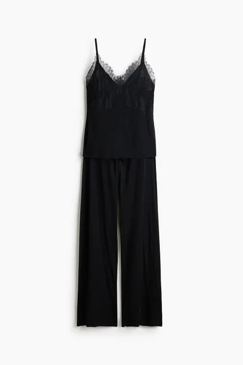 H&m Lace-trimmed Jersey Pyjamas - Black