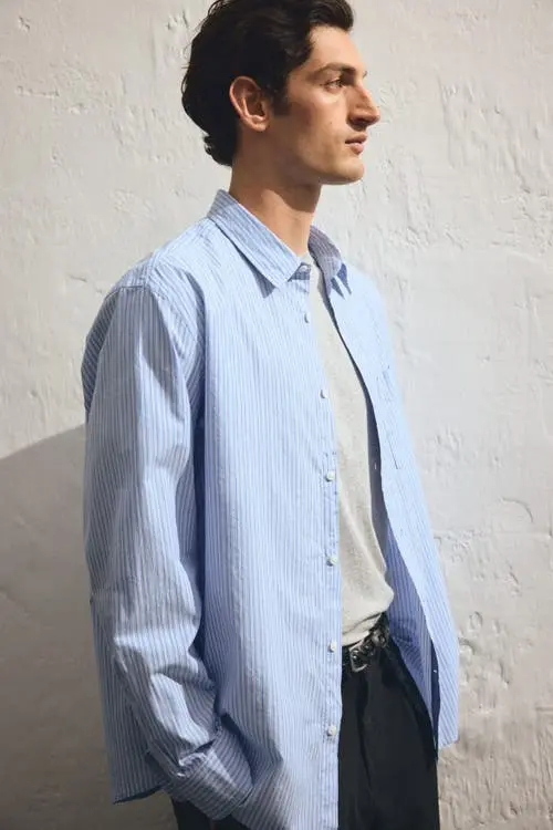 H&m Loose Fit Poplin Shirt - Light Blue/striped