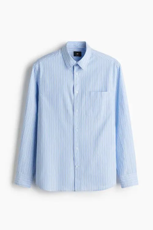 H&m Loose Fit Poplin Shirt - Light Blue/striped
