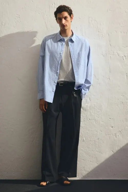 H&m Loose Fit Poplin Shirt - Light Blue/striped