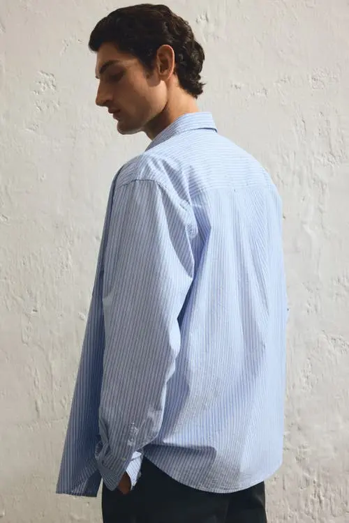 H&m Loose Fit Poplin Shirt - Light Blue/striped