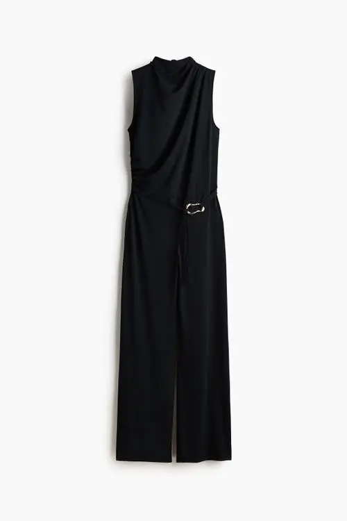 H&m Sleeveless Turtleneck Jumpsuit With Asymmetrical Belt Detail - Black