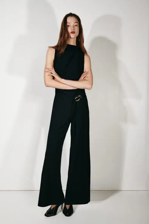 H&m Sleeveless Turtleneck Jumpsuit With Asymmetrical Belt Detail - Black