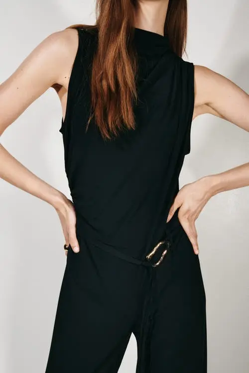 H&m Sleeveless Draped Jumpsuit With Tie Belt