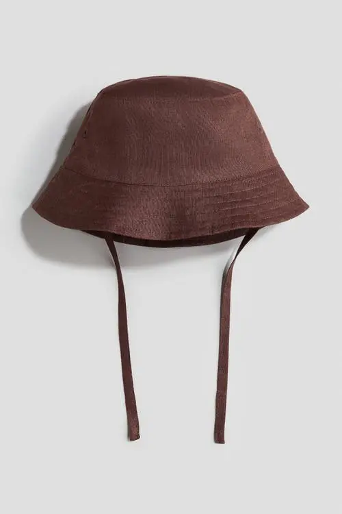H&m Linen Bucket Hat With Embroidered Eyelets And Chin Ties - Brown