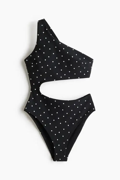 H&m One-shoulder Polka Dot Swimsuit - Black/polka Dot