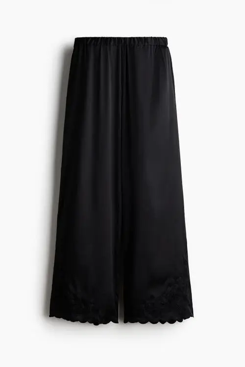 H&m Embroidered Satin Wide-leg Trousers