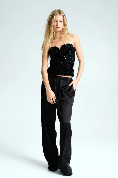 H&m Embroidered Satin Wide-leg Trousers