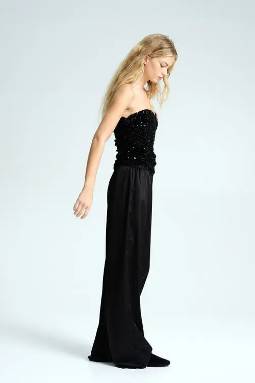 H&m Embroidered Satin Wide-leg Trousers