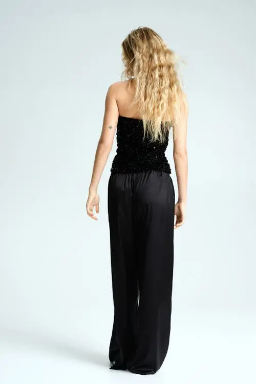 H&m Embroidered Satin Wide-leg Trousers