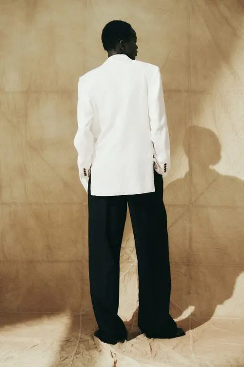 H&m Linen-blend Double-breasted Blazer With Peak Lapels - Cream