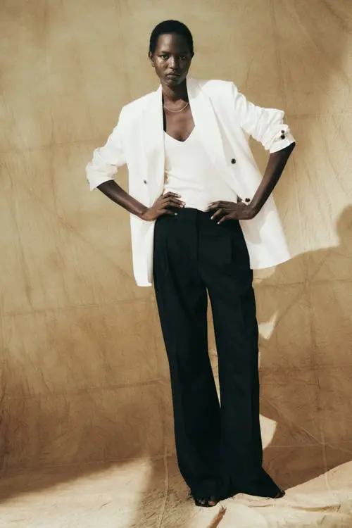 H&m Linen-blend Double-breasted Blazer With Peak Lapels - Cream