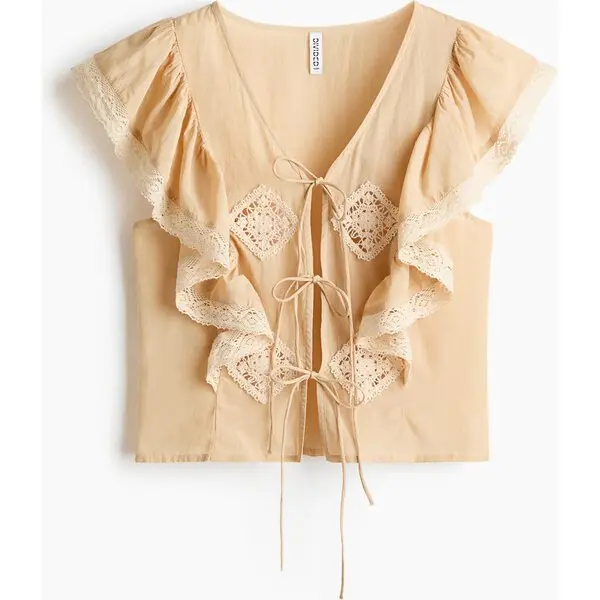 H&m Lace-trimmed Flounced Blouse - Light Beige