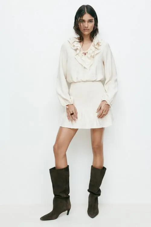 H&m Flounced Crêpe Dress With Smocked Skirt And Balloon Sleeves