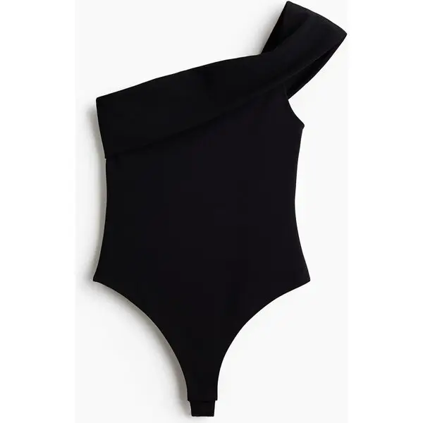 H&m Asymmetric Off-the-shoulder Thong Bodysuit In Ponte Di Roma Jersey - Black