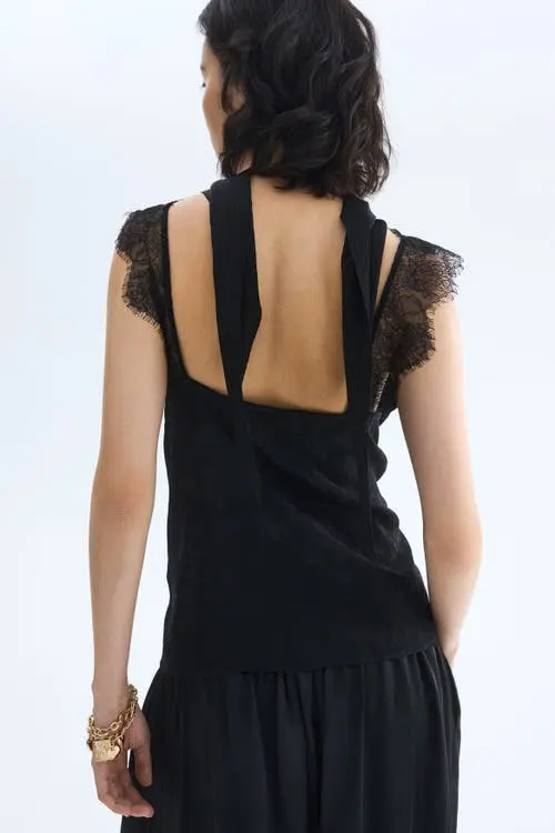 H&m Lace-detail Jacquard Weave V-neck Top
