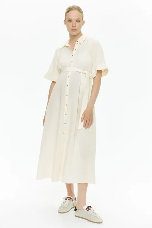 H&M Leopard Print Collared Midi Shirt Dress With Tie Belt