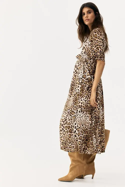 H&m Leopard Print Collared Midi Shirt Dress With Tie Belt
