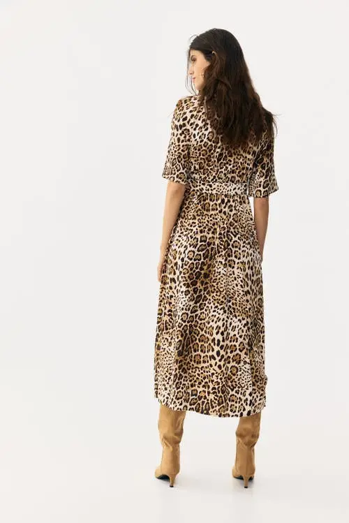 H&m Leopard Print Collared Midi Shirt Dress With Tie Belt