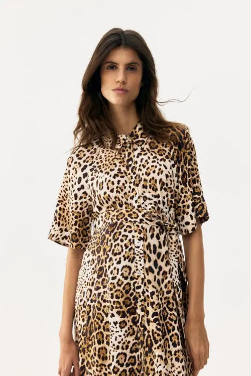 H&m Leopard Print Collared Midi Shirt Dress With Tie Belt