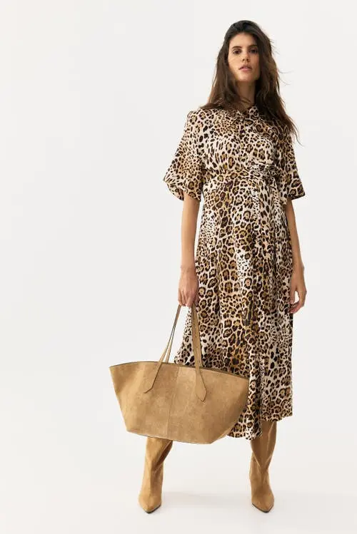H&m Leopard Print Collared Midi Shirt Dress With Tie Belt
