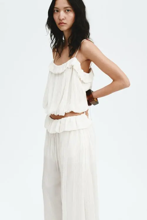 H&m Pintucked Wide-leg Trousers With Lace Trim