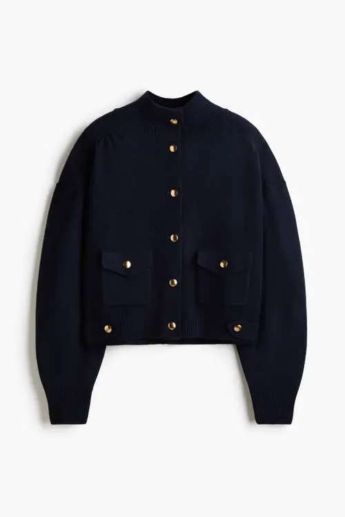 H&m Oversized Ribbed Cardigan With Press-stud Pockets - Navy Blue