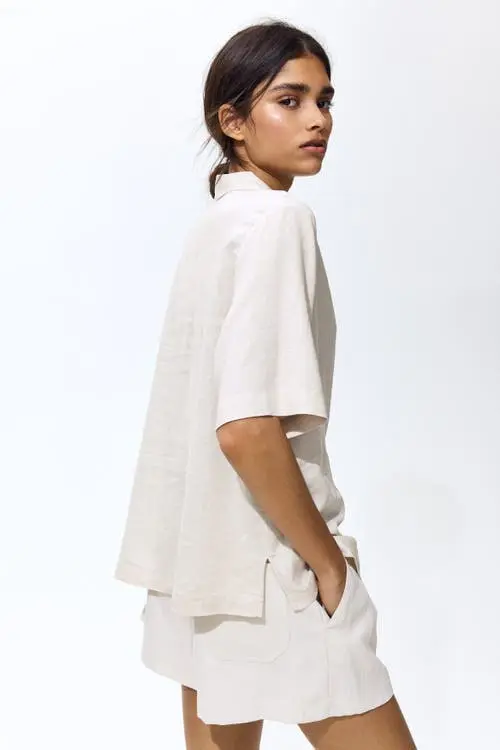 H&m Linen-blend Resort Shirt - Light Beige