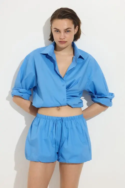 H&m Cotton Balloon Beach Shorts With Drawstring Waist - Blue