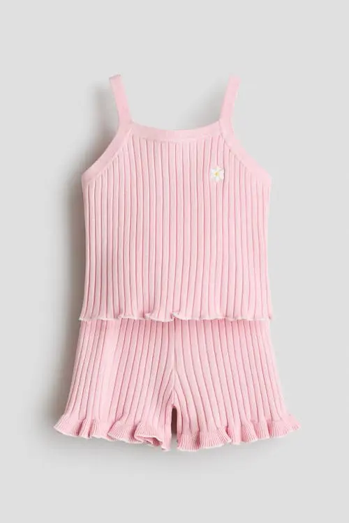 H&m Rib-knit Set With Strappy Top And Ruffled Shorts - Light Pink