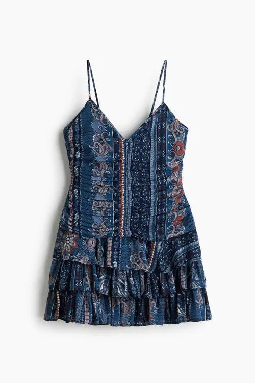 H&m Flared Skirt Strappy Dress - Dark Blue/patterned