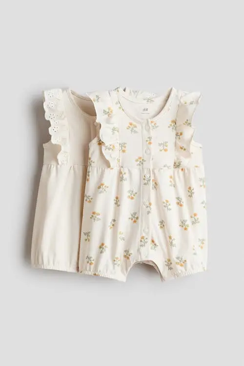 H&m 2-pack Frill Detail Rompers - Cream/floral