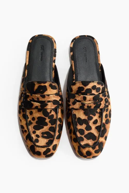 H&m Leather Loafer Mules With Napped Finish - Beige/leopard Print