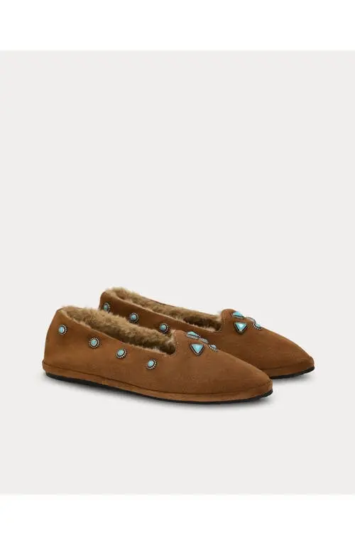 FORTELA Vintage Suede Slippers With Turquoise Stud Embellishments