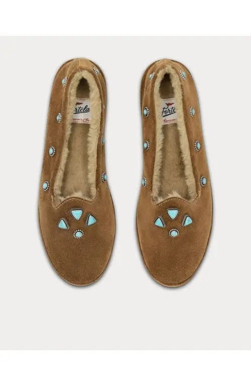 FORTELA Vintage Suede Slippers With Turquoise Stud Embellishments