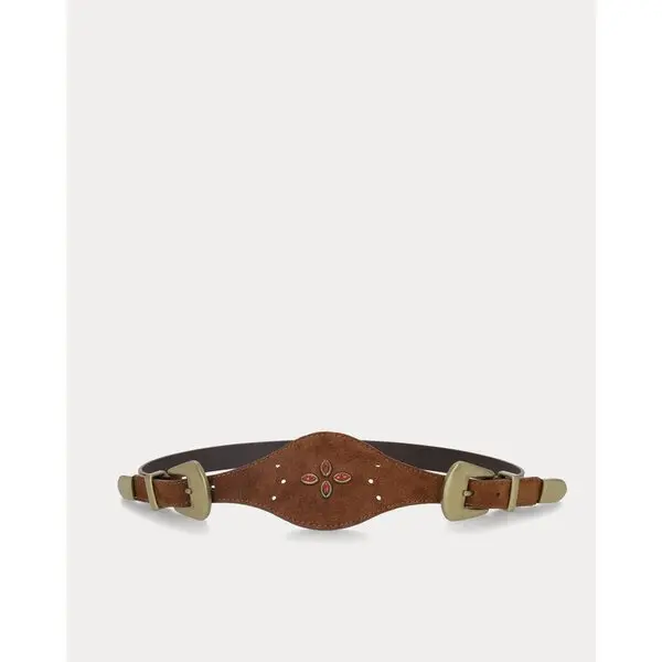 FORTELA Temple Bustier Leather Belt With Double Brass Buckles And Turquoise Studs - Brown