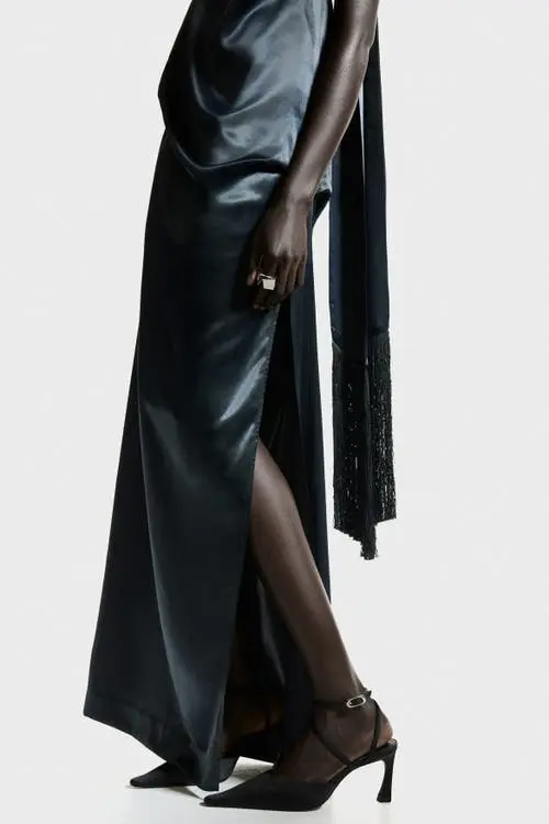 H&m Pointed Satin Court Shoes With Ankle Strap - Black