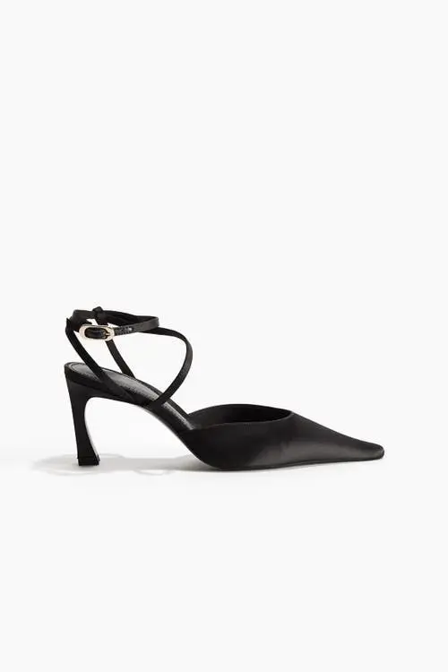 H&m Pointed Satin Court Shoes With Ankle Strap - Black