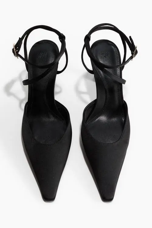 H&m Pointed Satin Court Shoes With Ankle Strap - Black