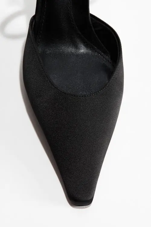 H&m Pointed Satin Court Shoes With Ankle Strap - Black