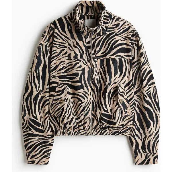 H&m Linen-blend Stand Collar Zip-up Jacket With Drawstring And Elasticated Hem