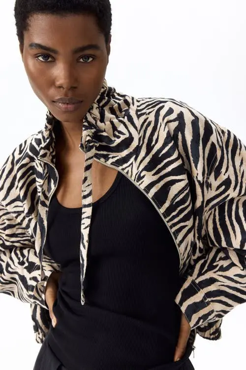 H&m Linen-blend Stand Collar Zip-up Jacket With Drawstring And Elasticated Hem