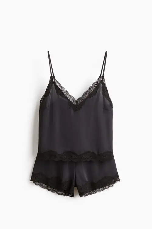 H&m Lace-trimmed Satin Pyjamas - Black