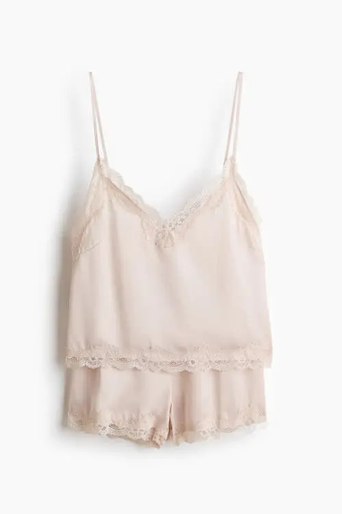 H&m Lace-trimmed Satin Pyjamas - Light Beige
