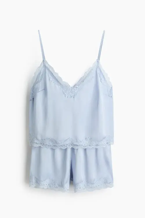 H&m Lace-trimmed Satin Pyjamas - Light Blue