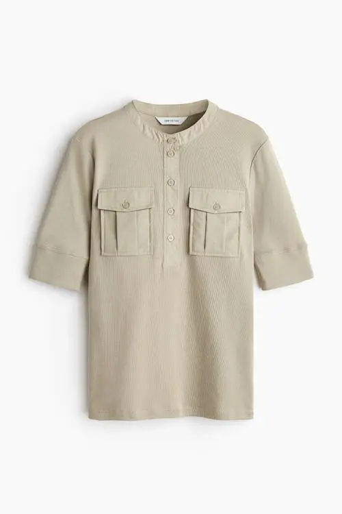 H&m Pima Cotton Henley Shirt With Band Collar And Chest Pockets